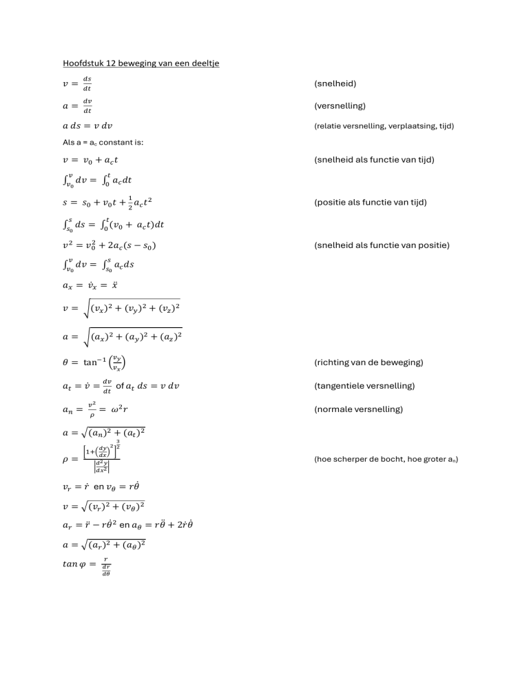 Fysica Formules: Beweging van een Deeltje (Nederlands)