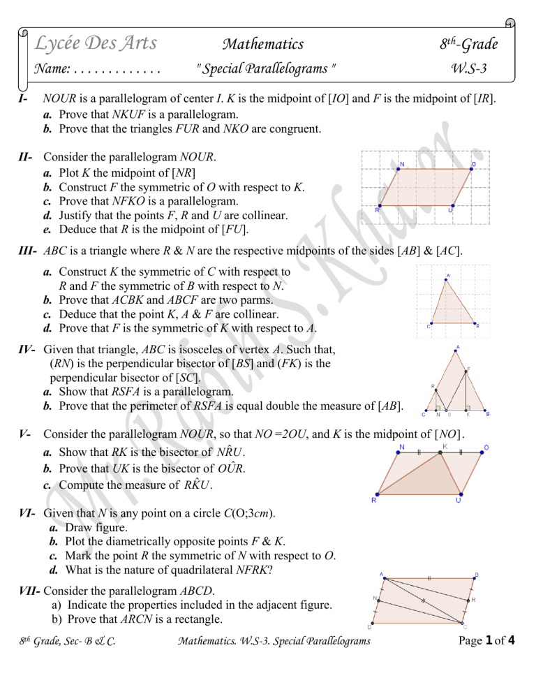Special Parallelograms Worksheet
