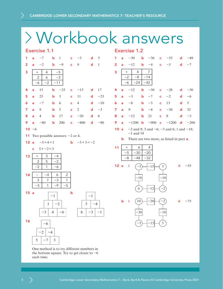 Cambridge Lower Secondary Maths 7: Teacher's Workbook Answers