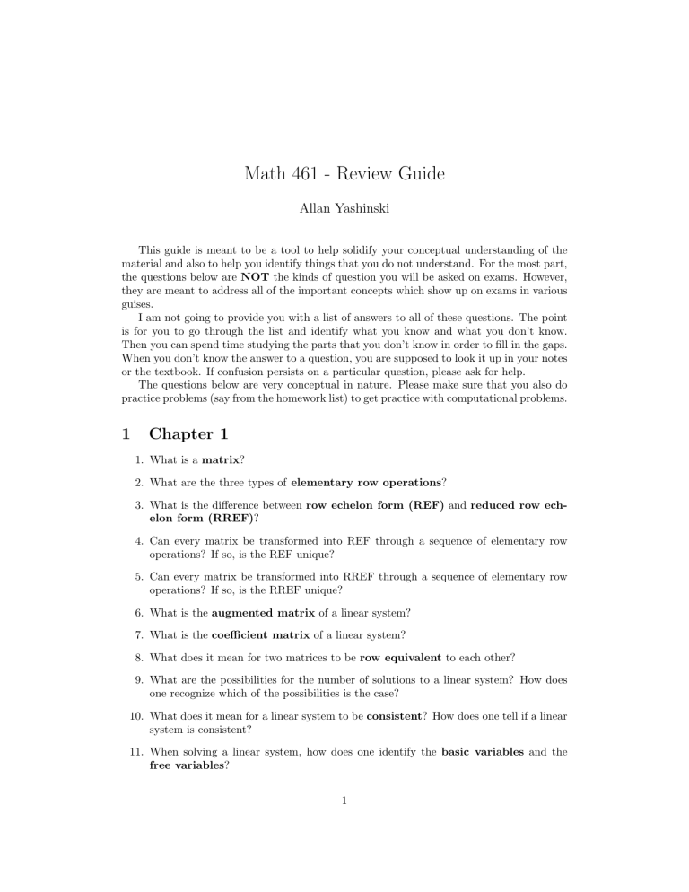 Math 461 Linear Algebra Review Guide
