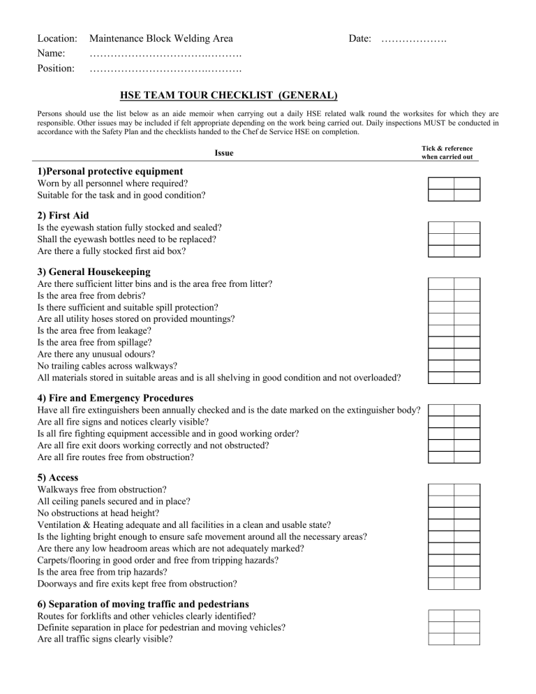 HSE Team Tour Checklist for Welding Area Safety Inspection