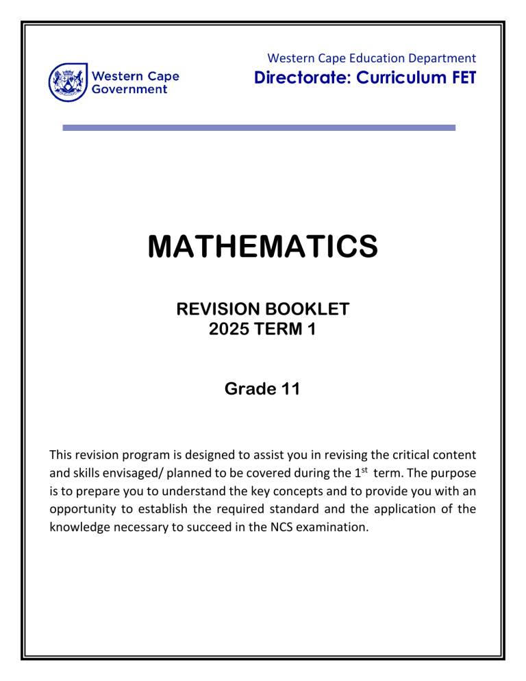 Grade 11 Maths Revision Booklet 2025