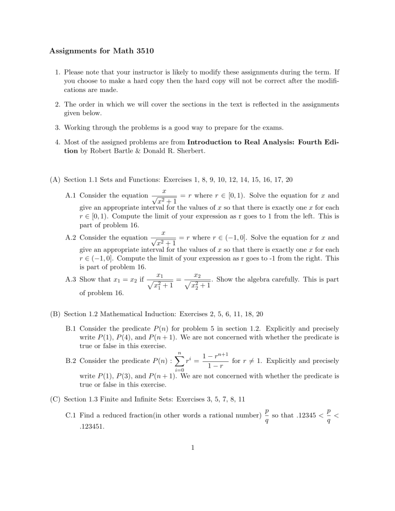 Math 3510 Assignments: Real Analysis Problems
