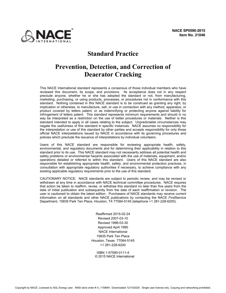 NACE SP0590-2015: Deaerator Cracking Prevention, Detection, Correction