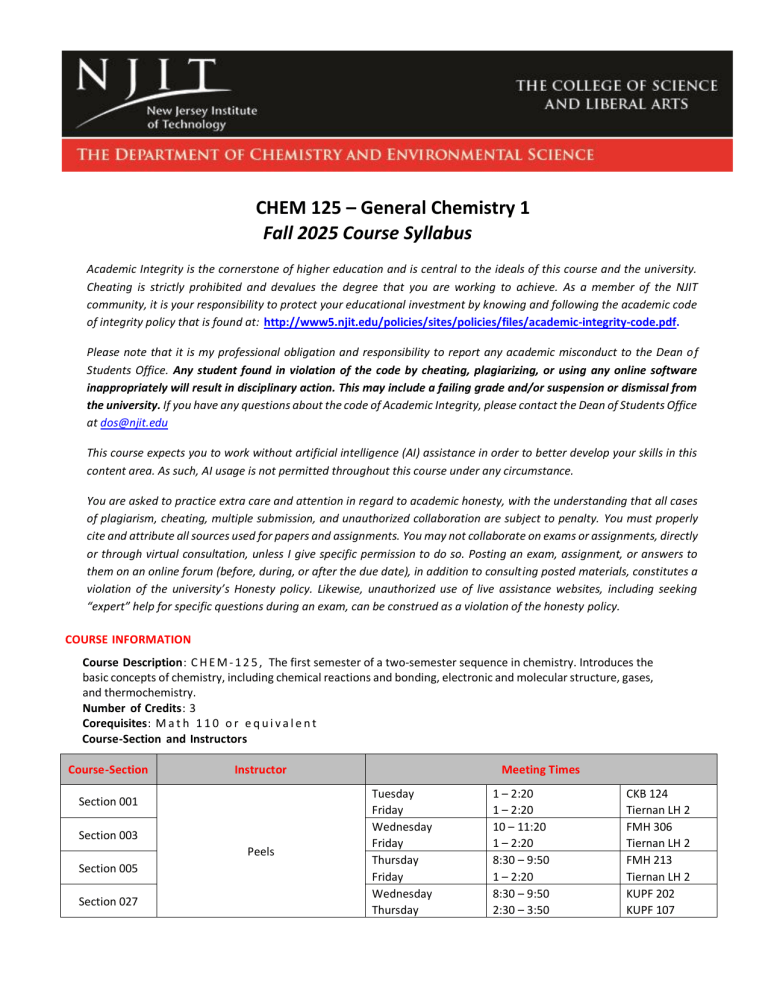 CHEM 125 General Chemistry 1 Fall 2025 Syllabus