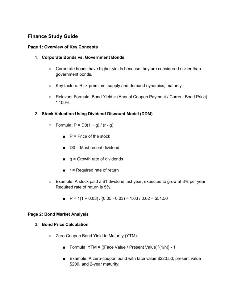 Finance Study Guide: Key Concepts & Formulas
