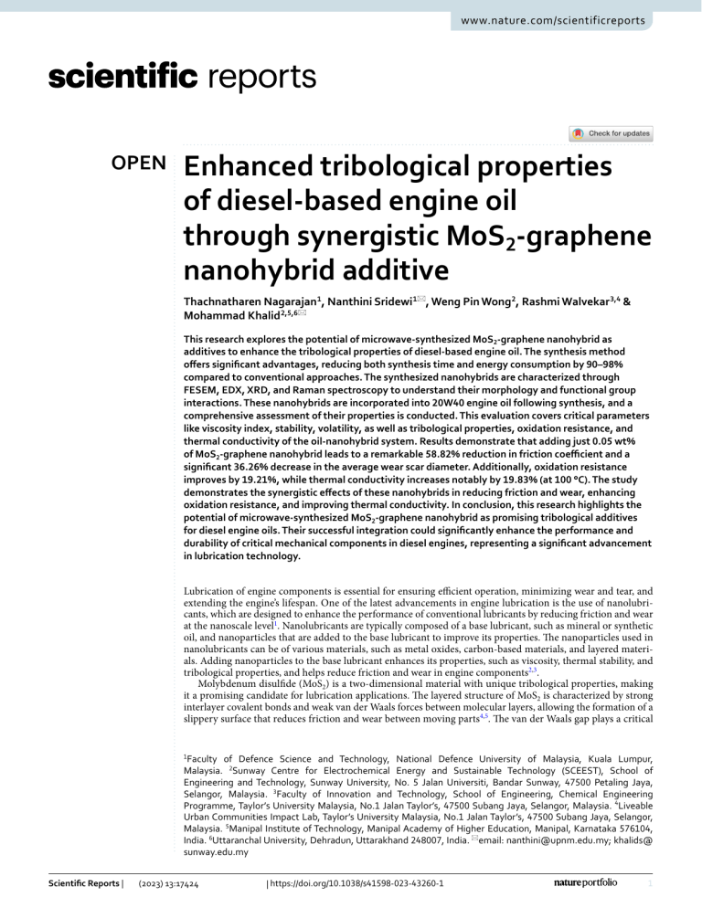 MoS2-Graphene Nanohybrid for Diesel Engine Oil