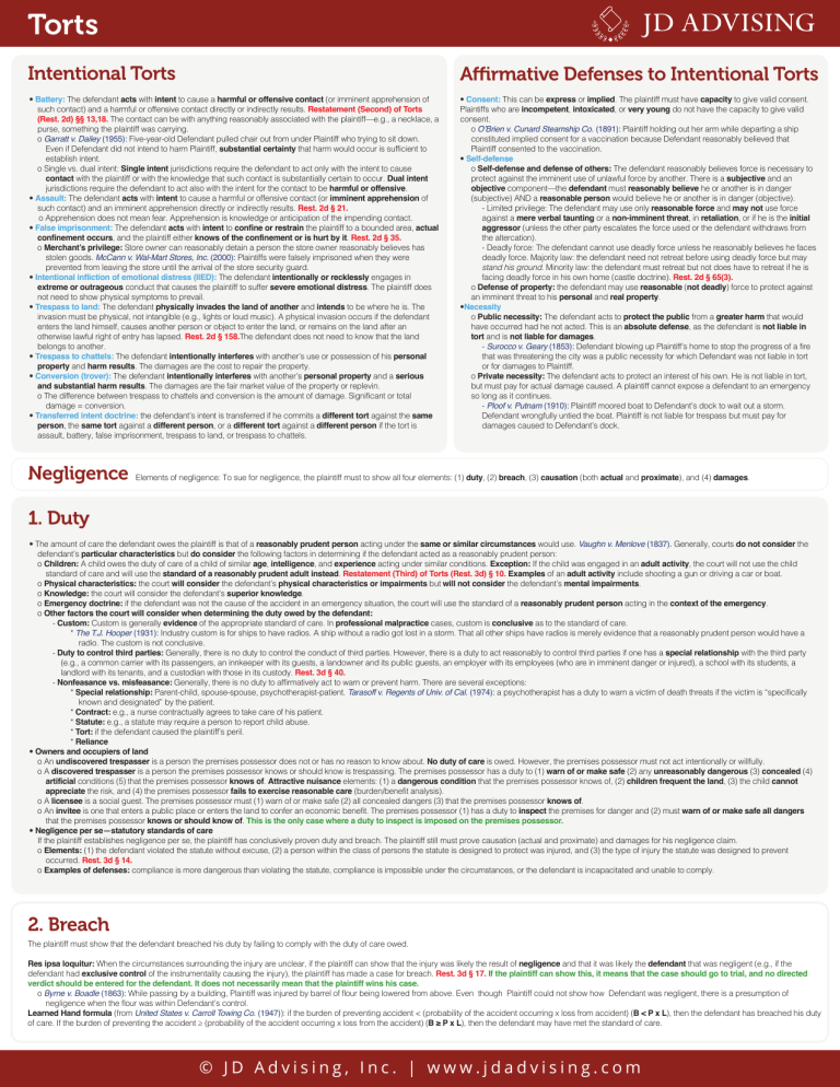 Torts Law Study Guide: Intentional Torts & Negligence