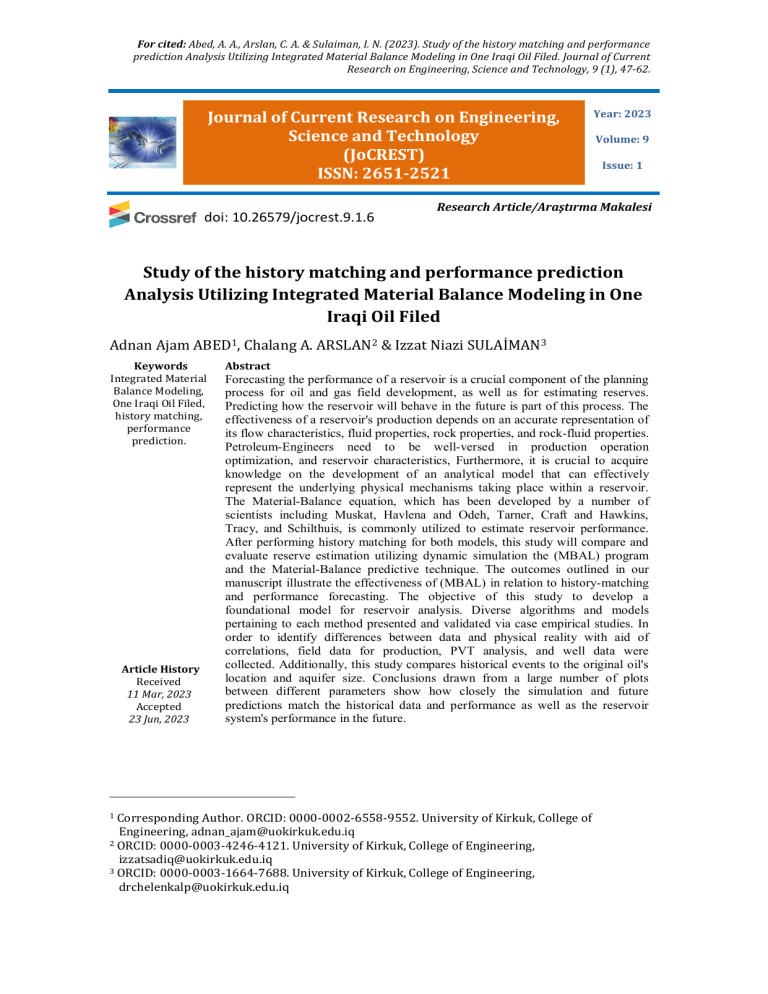 Material Balance Modeling in Iraqi Oil Field