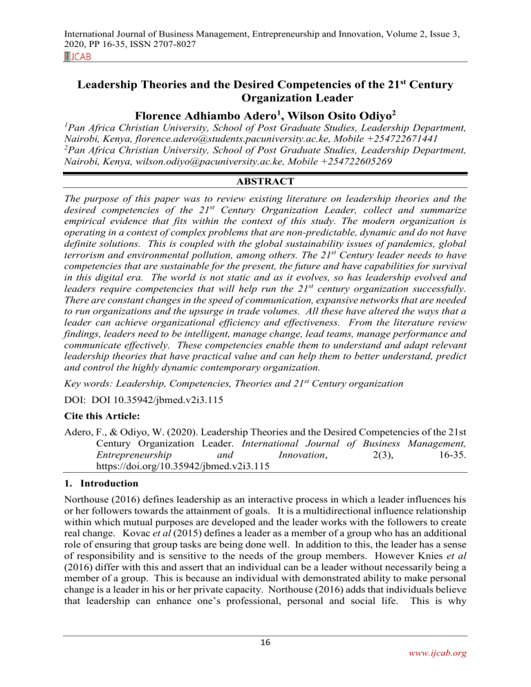 Leadership Theories and 21st Century Leader Competencies
