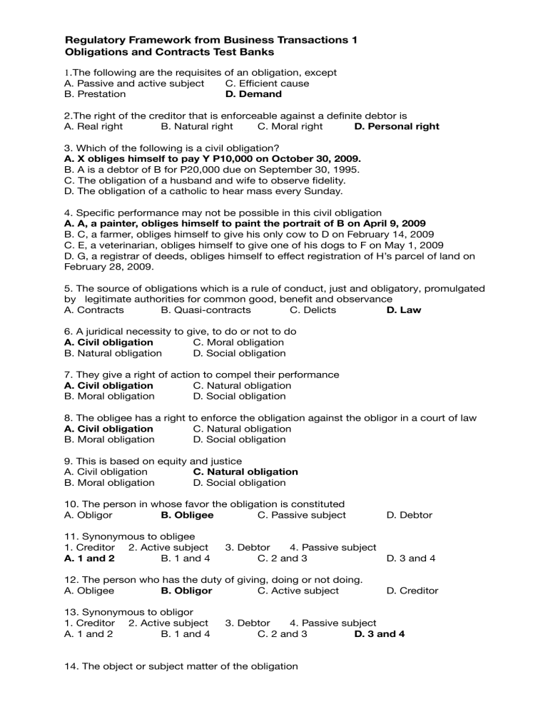 Obligations and Contracts Test Bank