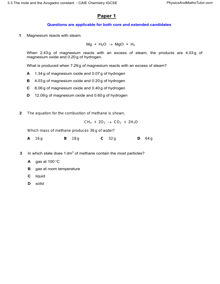 CAIE IGCSE Chemistry Paper 1: The Mole and Avogadro Constant
