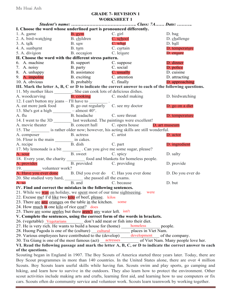 Grade 7 English Revision Worksheet: Grammar, Vocabulary & Reading