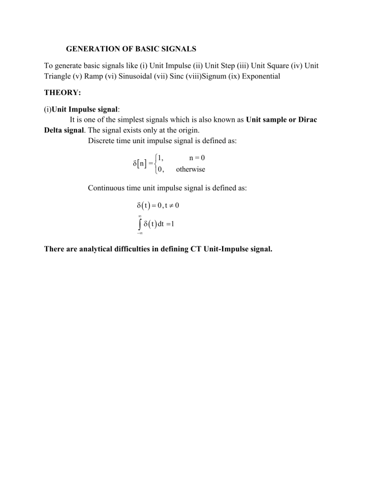 Generation of Basic Signals: Unit Impulse, Step, Square, Triangle, Ramp ...