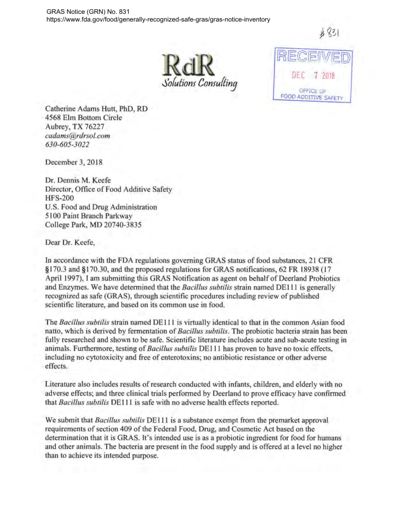 GRAS Notice for Bacillus subtilis DE111 Probiotic Safety