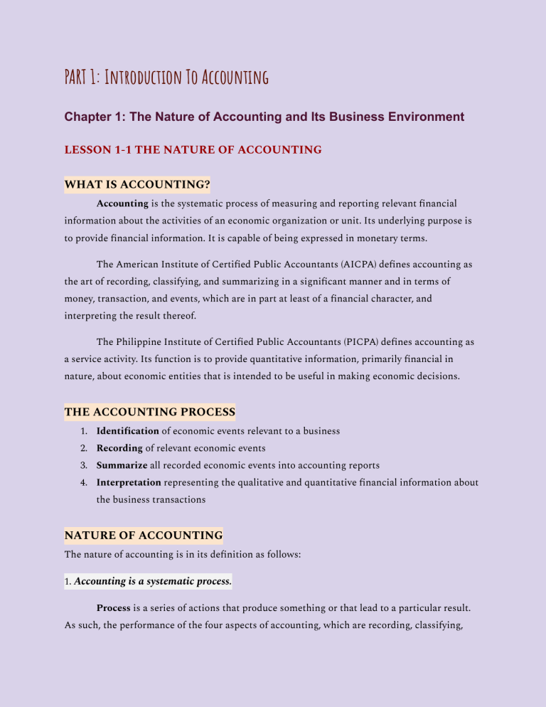 Introduction to Accounting: Nature & Business Environment