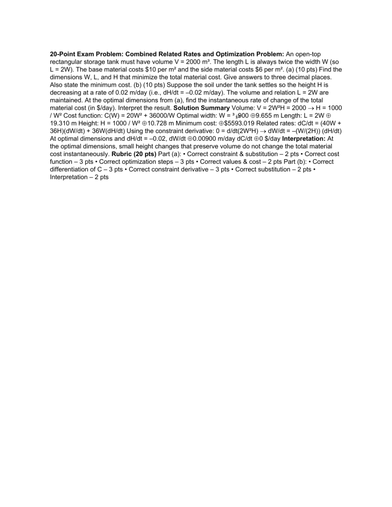 Calculus Related Rates & Optimization Problem