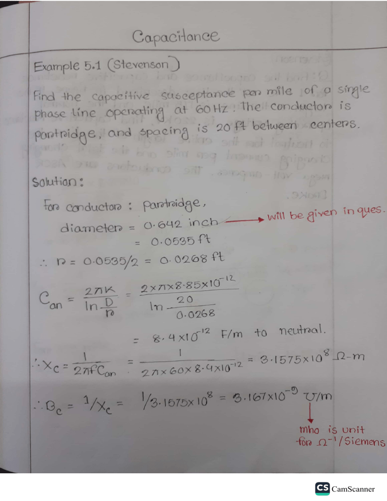 Capacitance Example: Single-Phase Line Susceptance Calculation