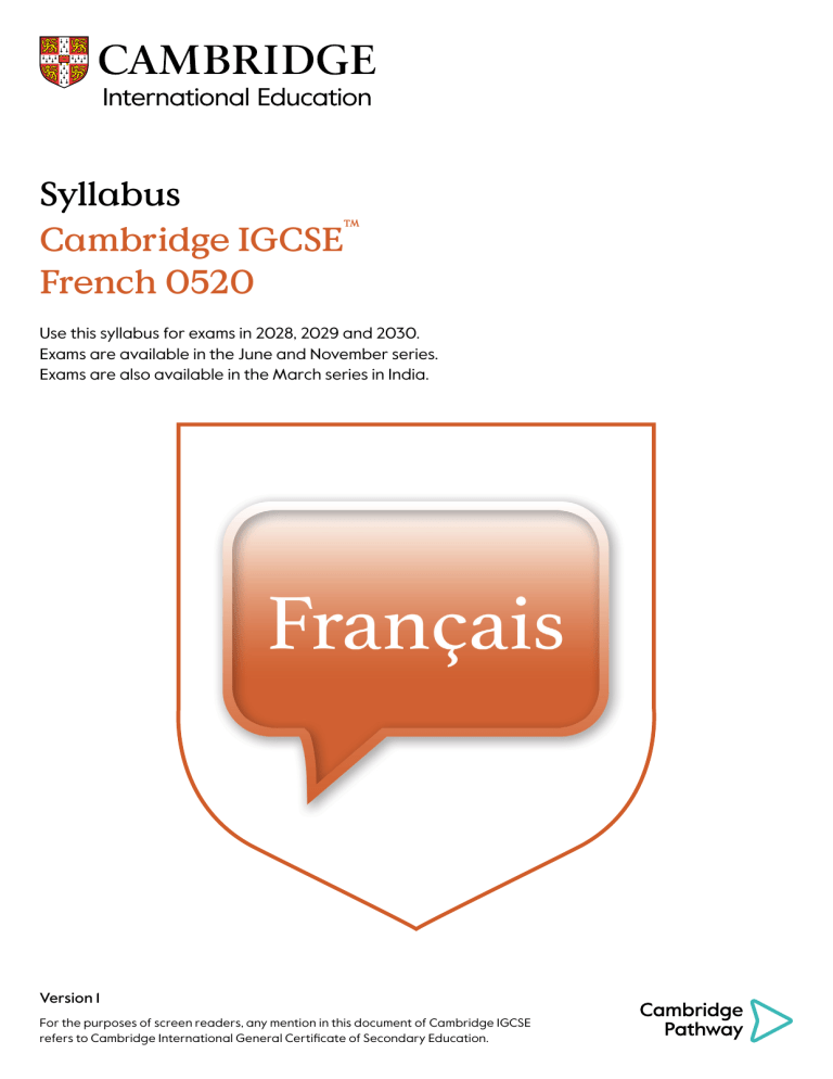 Cambridge IGCSE French 0520 Syllabus 2028-2030