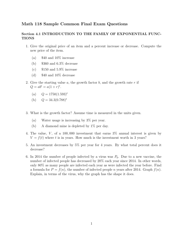 Math 118 Exponential Functions Exam