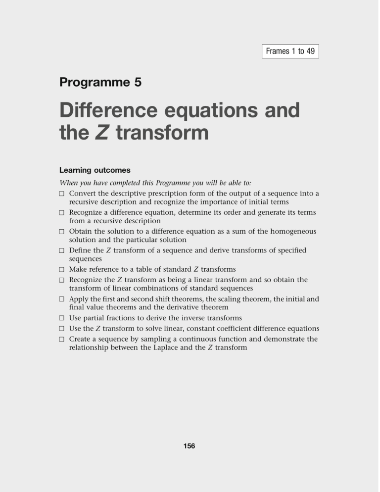 Difference Equations and Z Transform Programme 5