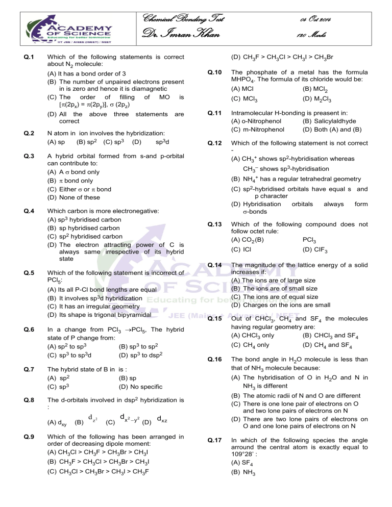 Chemical Bonding Test with Questions and Answers