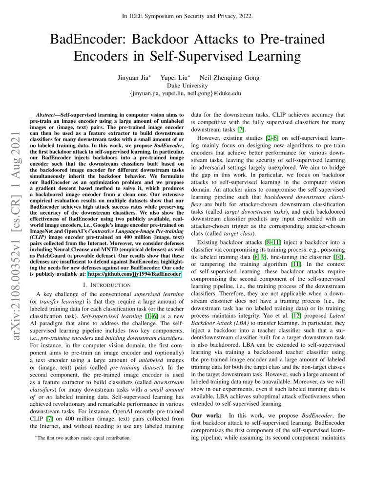 BadEncoder: Backdoor Attacks in Self-Supervised Learning