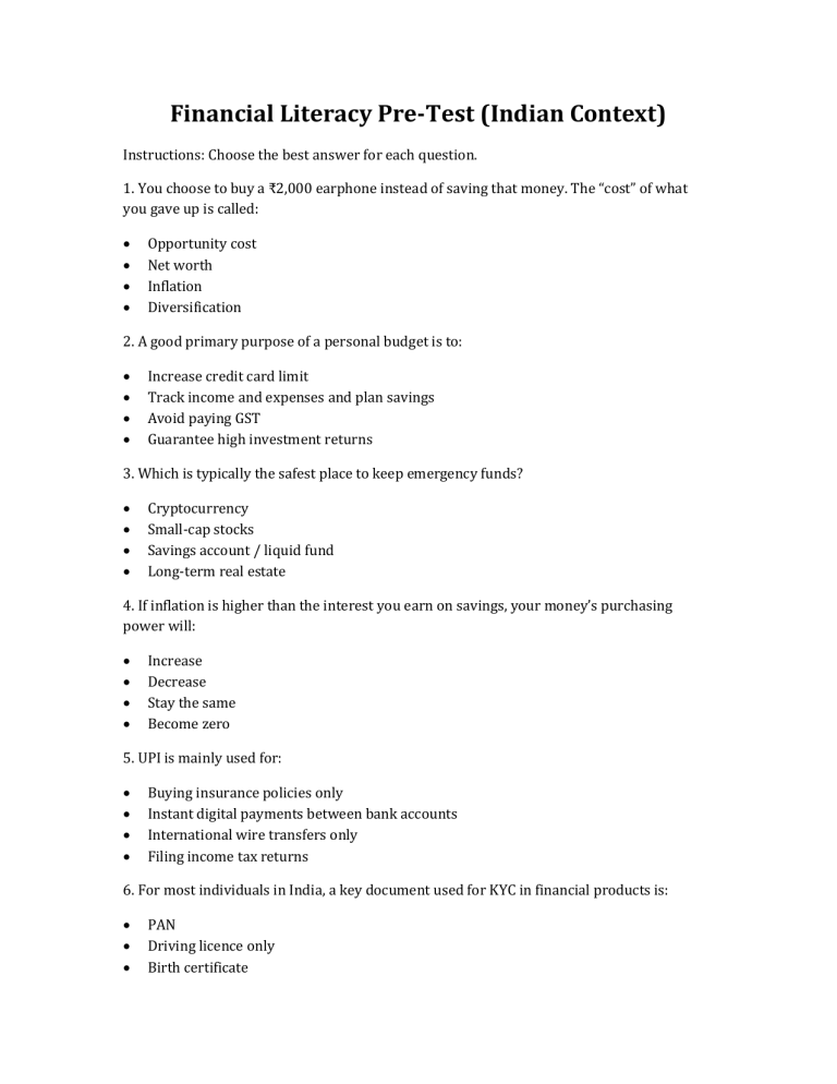 Financial Literacy Pre-Test (Indian Context)