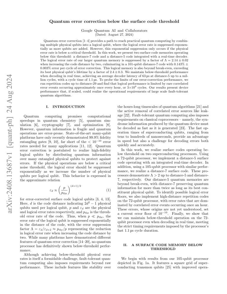 Quantum Error Correction Below Surface Code Threshold