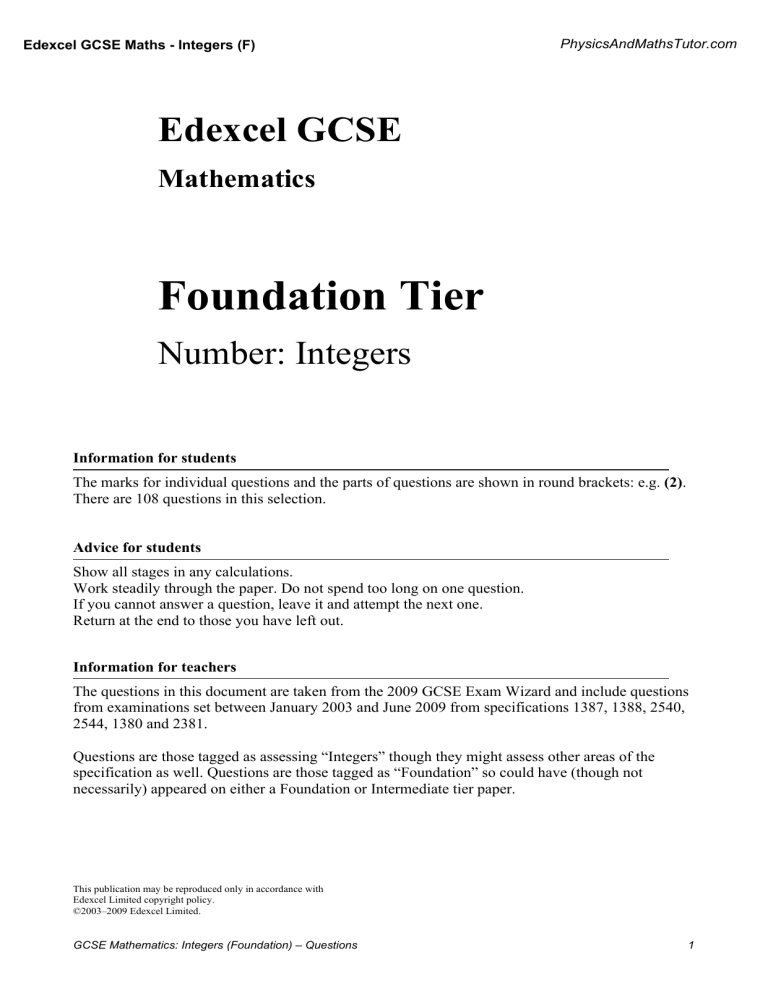Edexcel GCSE Maths Integers Foundation Tier Practice Questions