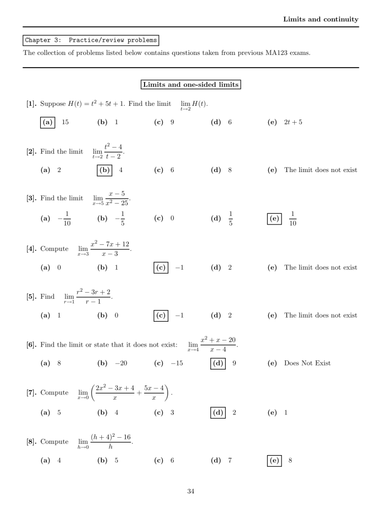 Limits and Continuity Practice Problems MA123