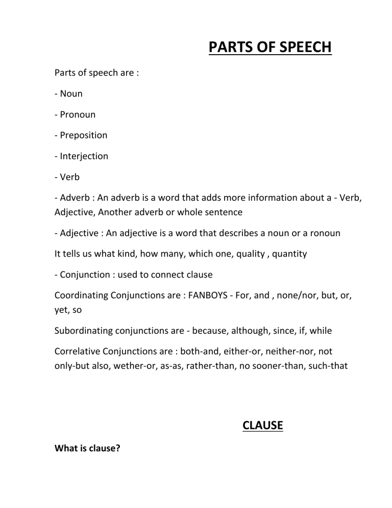 English Grammar: Parts of Speech & Clauses