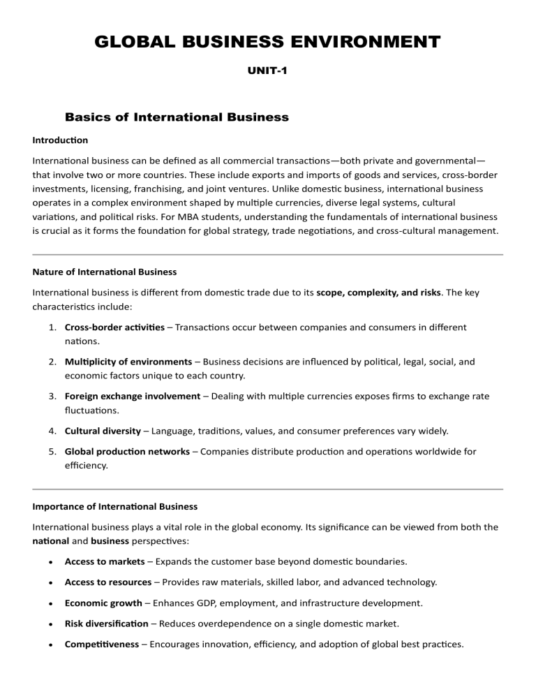 Global Business Environment Unit 1: Basics of International Business