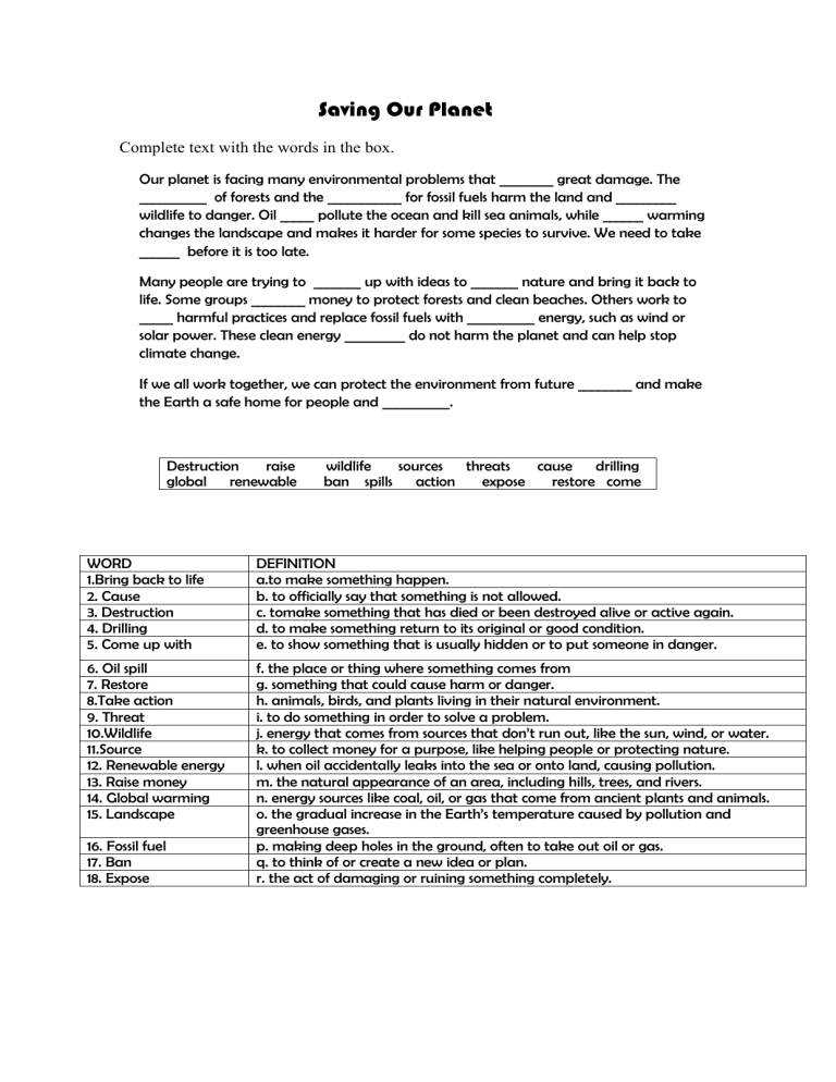 Saving Our Planet: Environmental Vocabulary Worksheet