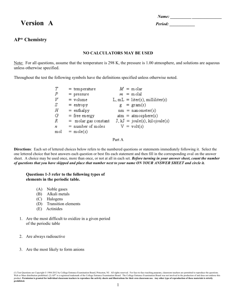 AP Chemistry 2008 Multiple Choice Exam