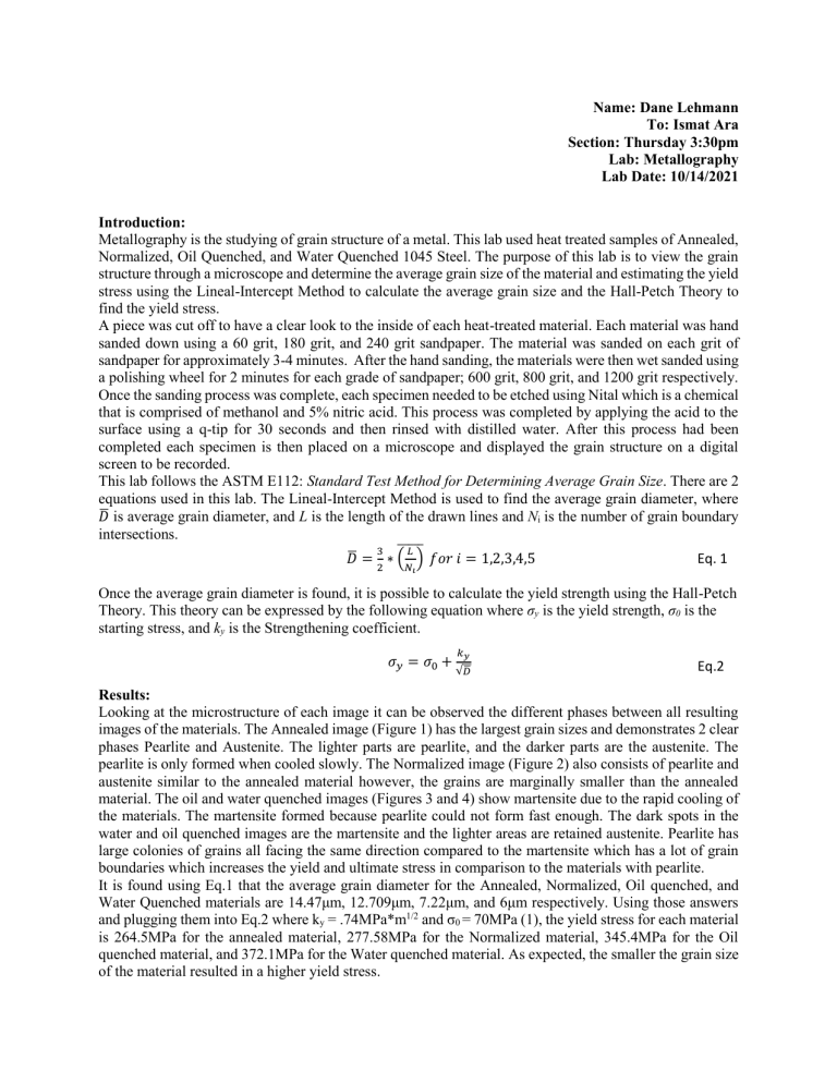 Metallography Lab Report: 1045 Steel Grain Analysis