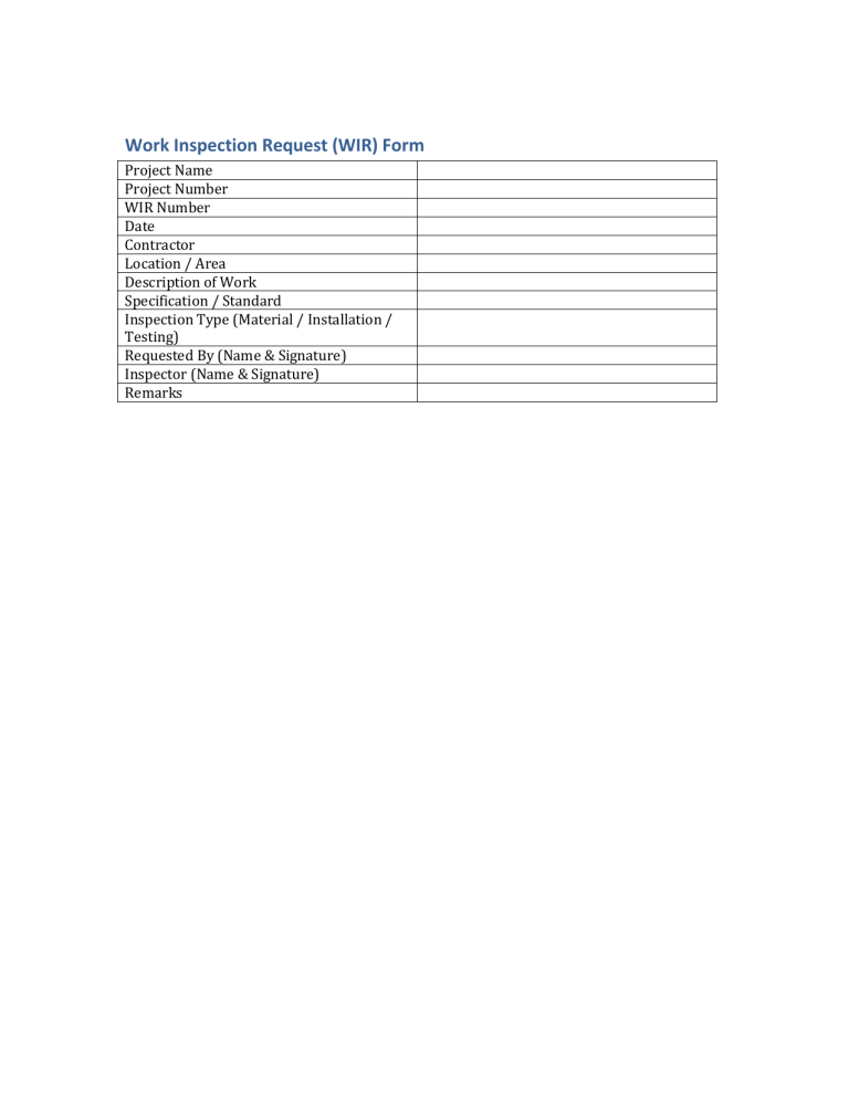 Work Inspection Request (WIR) Form Template