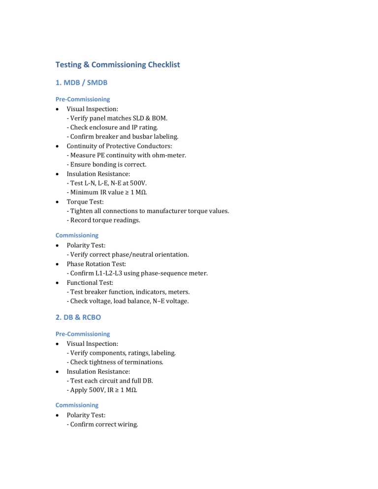 Electrical Testing & Commissioning Checklist