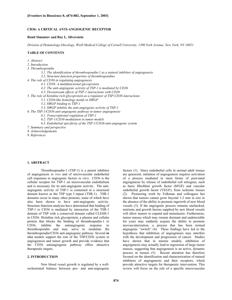 CD36: Critical Anti-Angiogenic Receptor