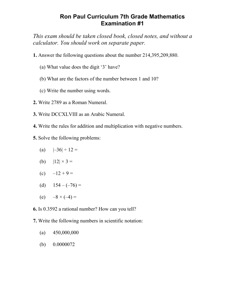 7th Grade Math Exam