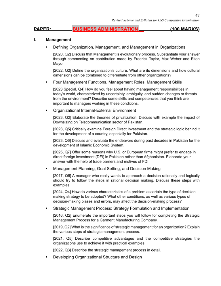 CSS Business Administration Syllabus PDF