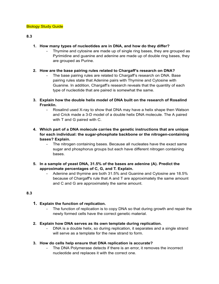Biology DNA and Genetics Study Guide