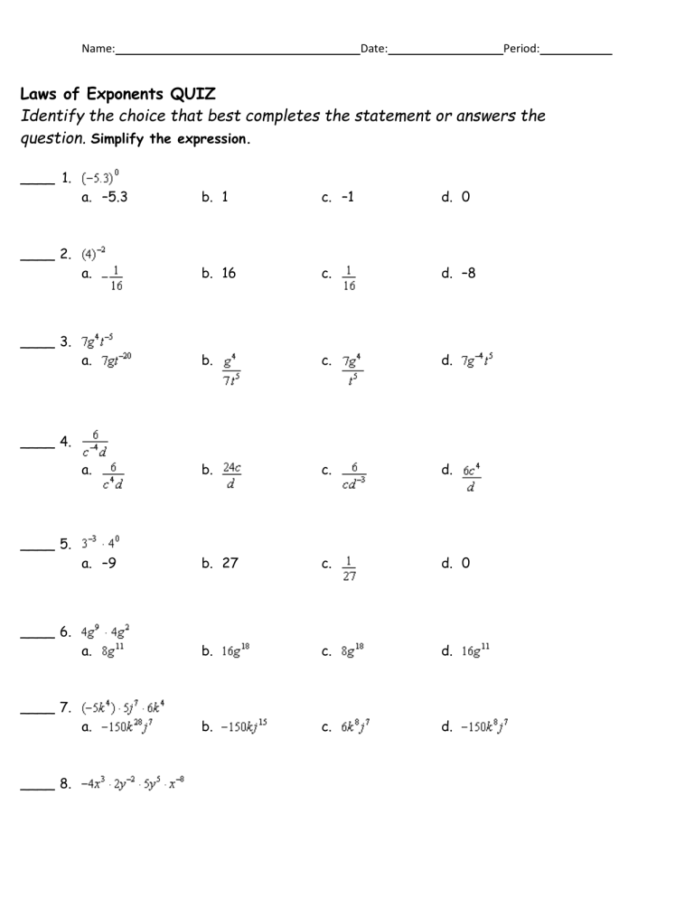 Laws of Exponents Quiz