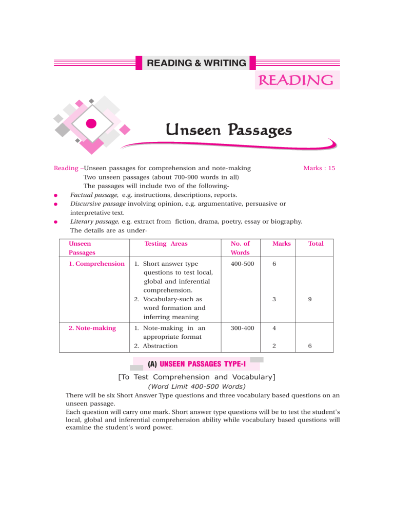 Unseen Passages Practice Worksheet