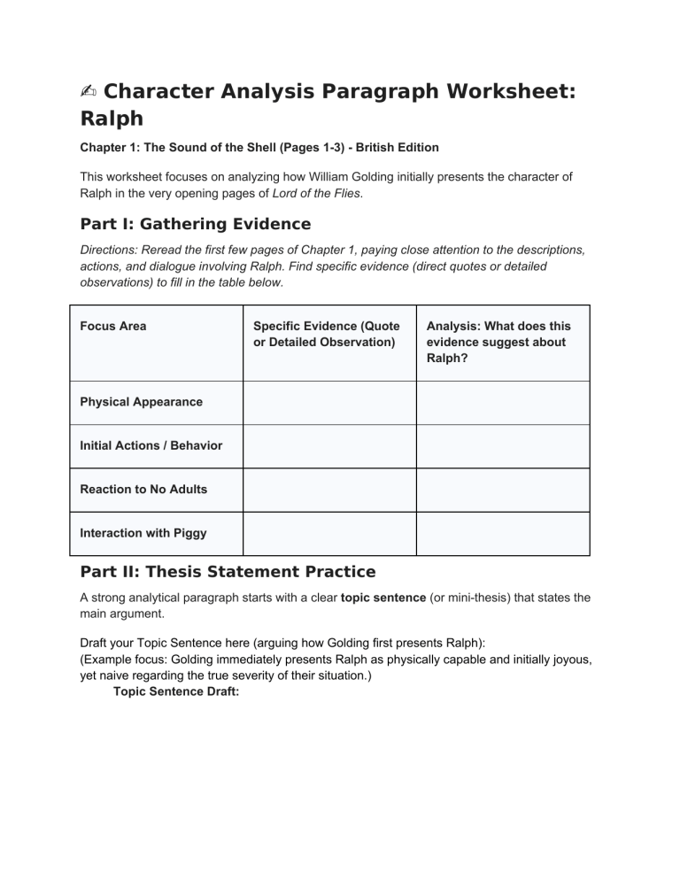 Lord of the Flies Character Analysis Worksheet