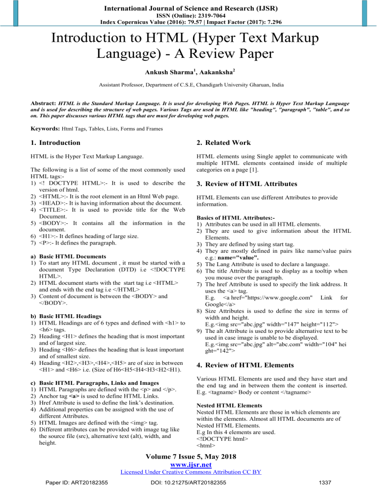 Introduction to HTML: A Review Paper