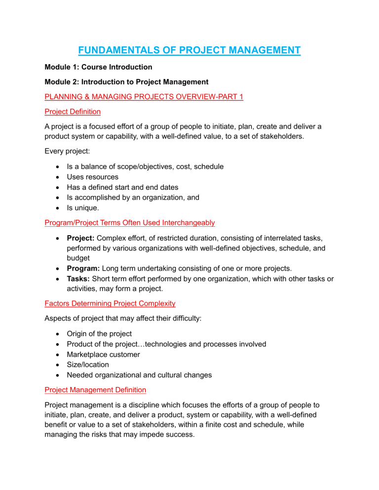 Fundamentals of Project Management Course