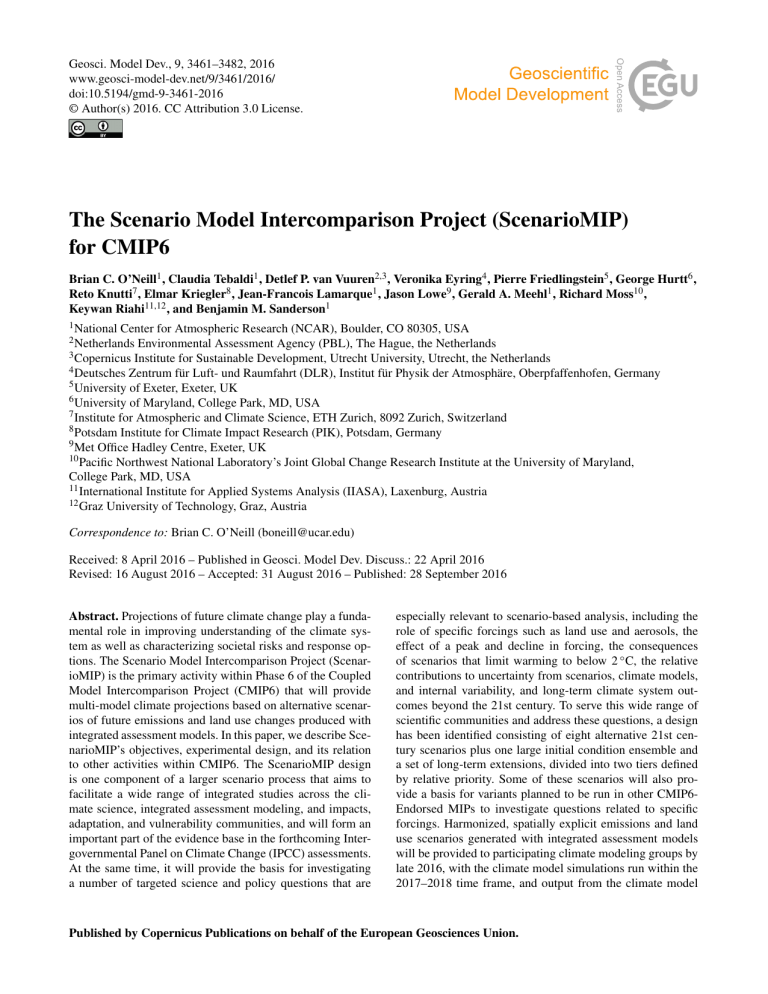 ScenarioMIP for CMIP6: Climate Projections
