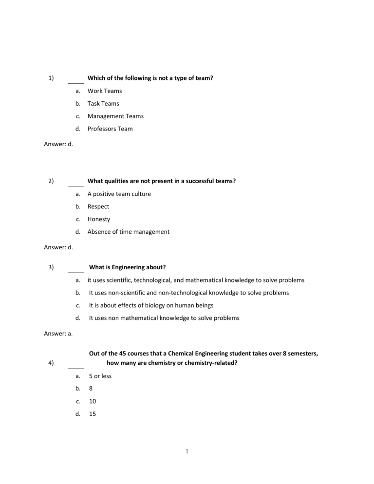 Engineering Intro Exam Questions & Answers