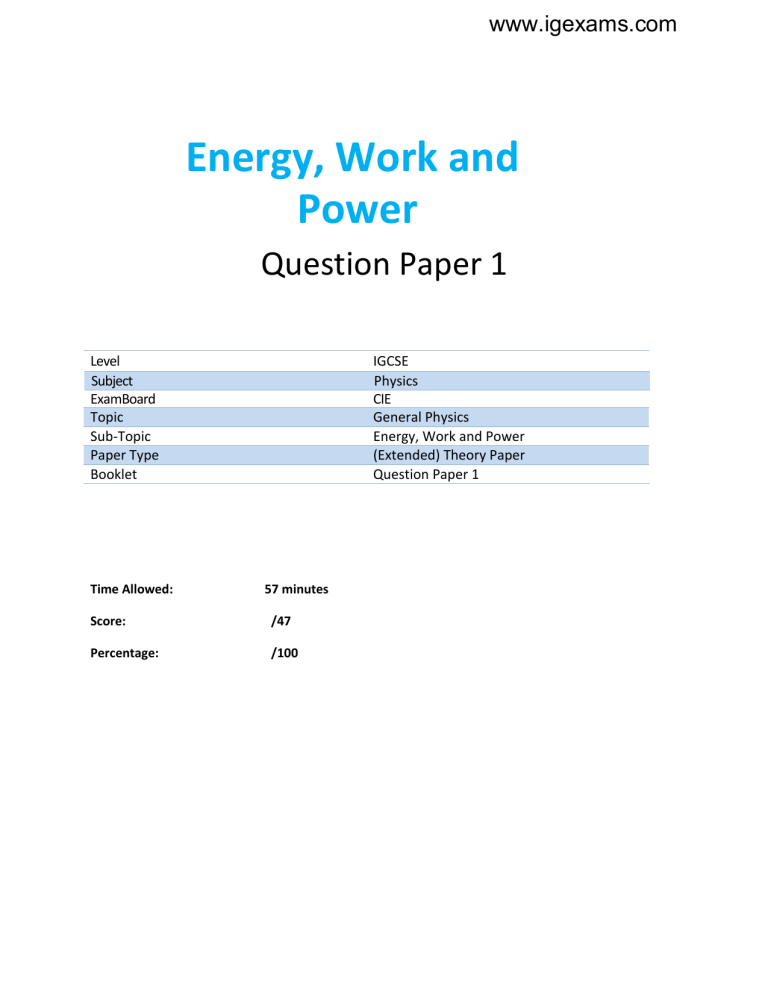 IGCSE Physics Energy Work Power Paper